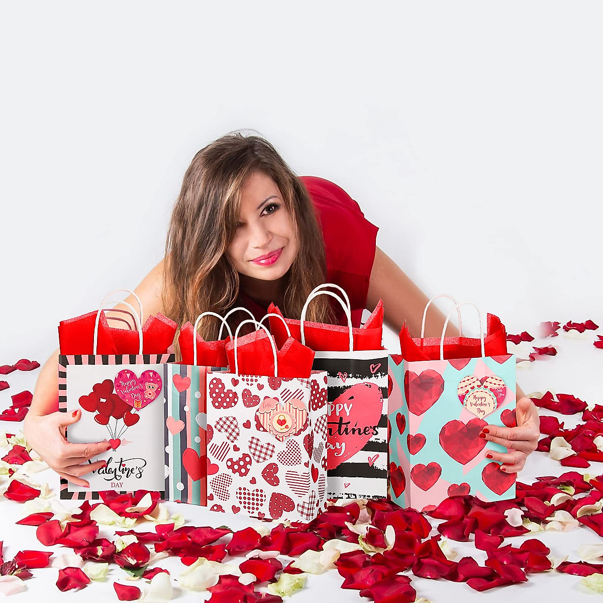 Crtiin 192 Pcs Valentine's Day Paper Gift Bags with Handle Set with Tissue Paper and Stickers Bulk Treats Gift Wrap Bags for Valentines Wedding Party Favor Gift Wrapping Supply, 8.7 x 6.7 x 3.1 Inch
