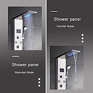 FUZ Contemporary Shower Panel Tower System Stainless Steel 6-Function Faucet LED Rainfall Waterfall Shower Head + Handheld Sprayer + Rain Massage Body Jets + Tub Spout,Brushed Nickel