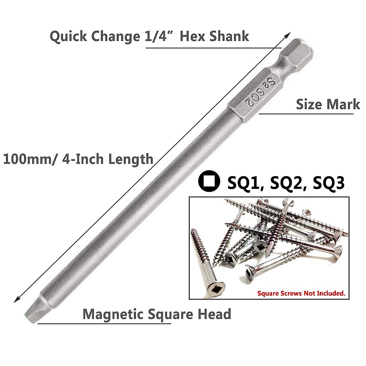 Yakamoz 3 Set of 3Pcs 1/4-Inch Shank 4-Inch Length Long Magnetic Square Head Screwdriver Bits Set Power Tools SQ1 SQ2 SQ3