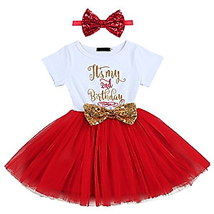 Baby Girls It's My 1st/2nd Birthday Cake Smash Banquet Fall Outfits Shinny Printed Sequin Bow Tutu Princess Dress Clothes Set 2pcs Red(2 Years)