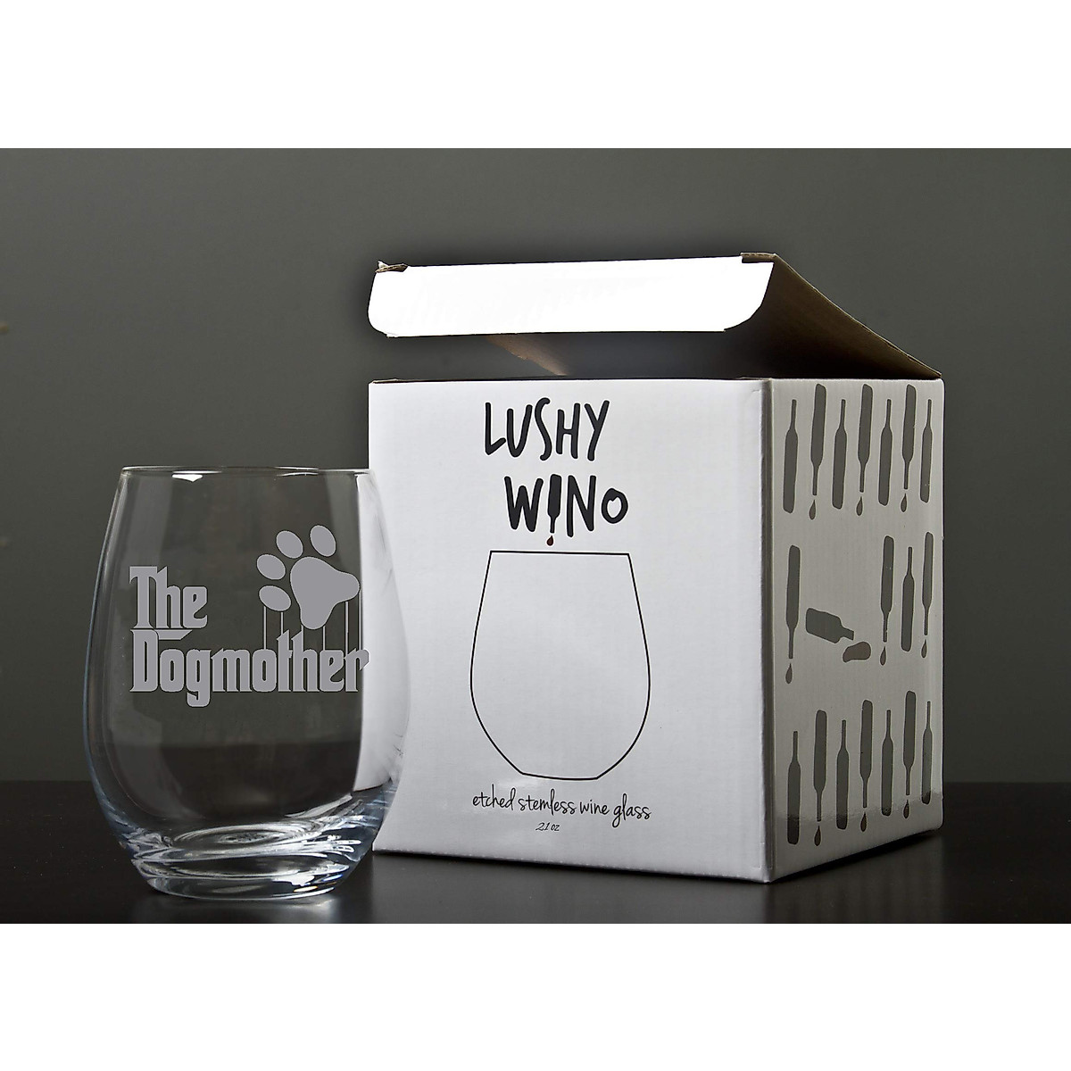 Lushy Wino – The Dog Mother – Cute, Novelty Etched Stemless 18-Ounce Wine Glass with Funny Sayings in Gift Box