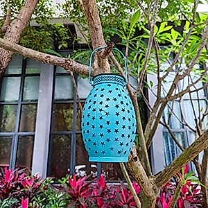 Elfengarden Hanging Solar Lanterns Outdoor Waterproof Solar Lights Metal Retro Flickering Garden Courtyard Lawn Tree Fence Patio Tabletop Lights Deco (Cyan)