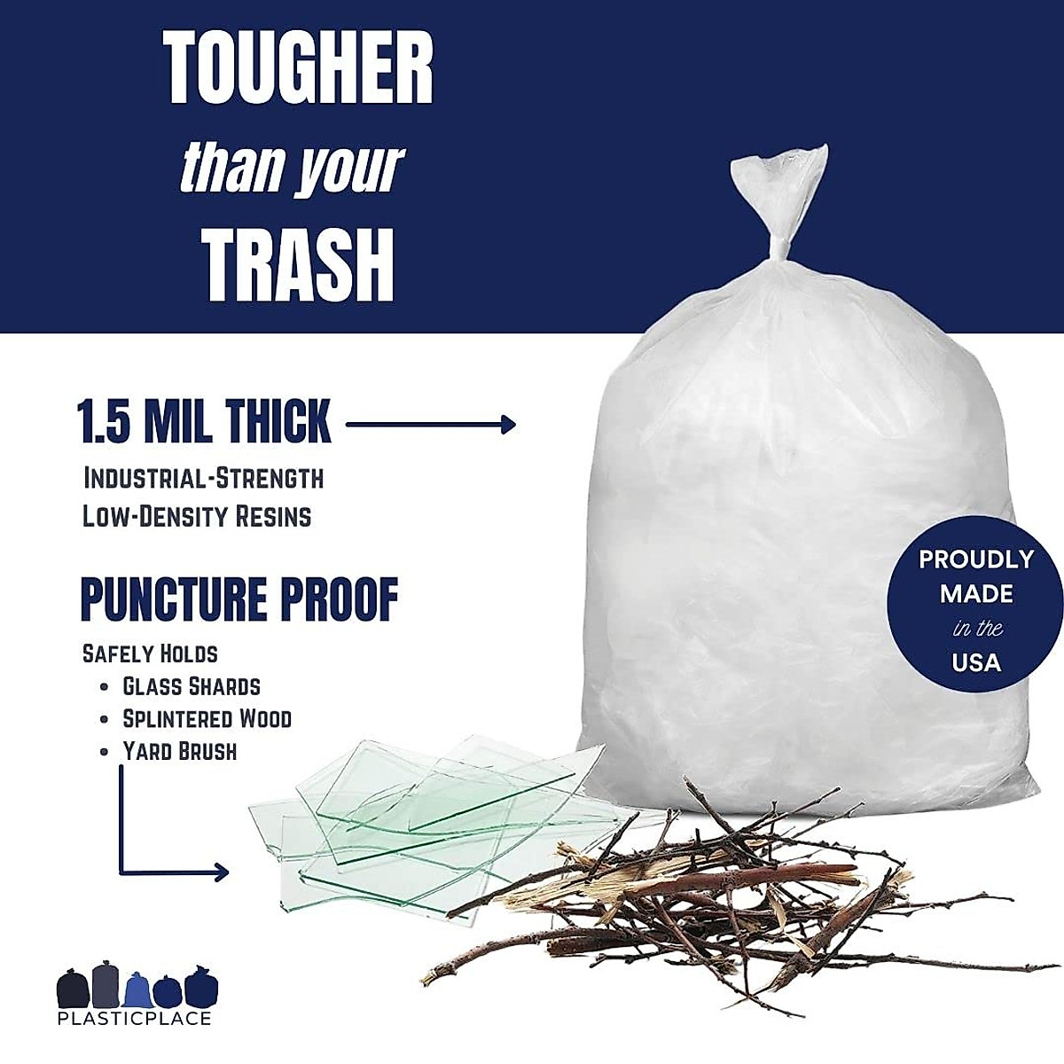 Plasticplace 65 gallon Trash Bags │ 1.5 Mil │ Clear Heavy Duty Garbage Can Liners │ 50” x 48” (50Count)
