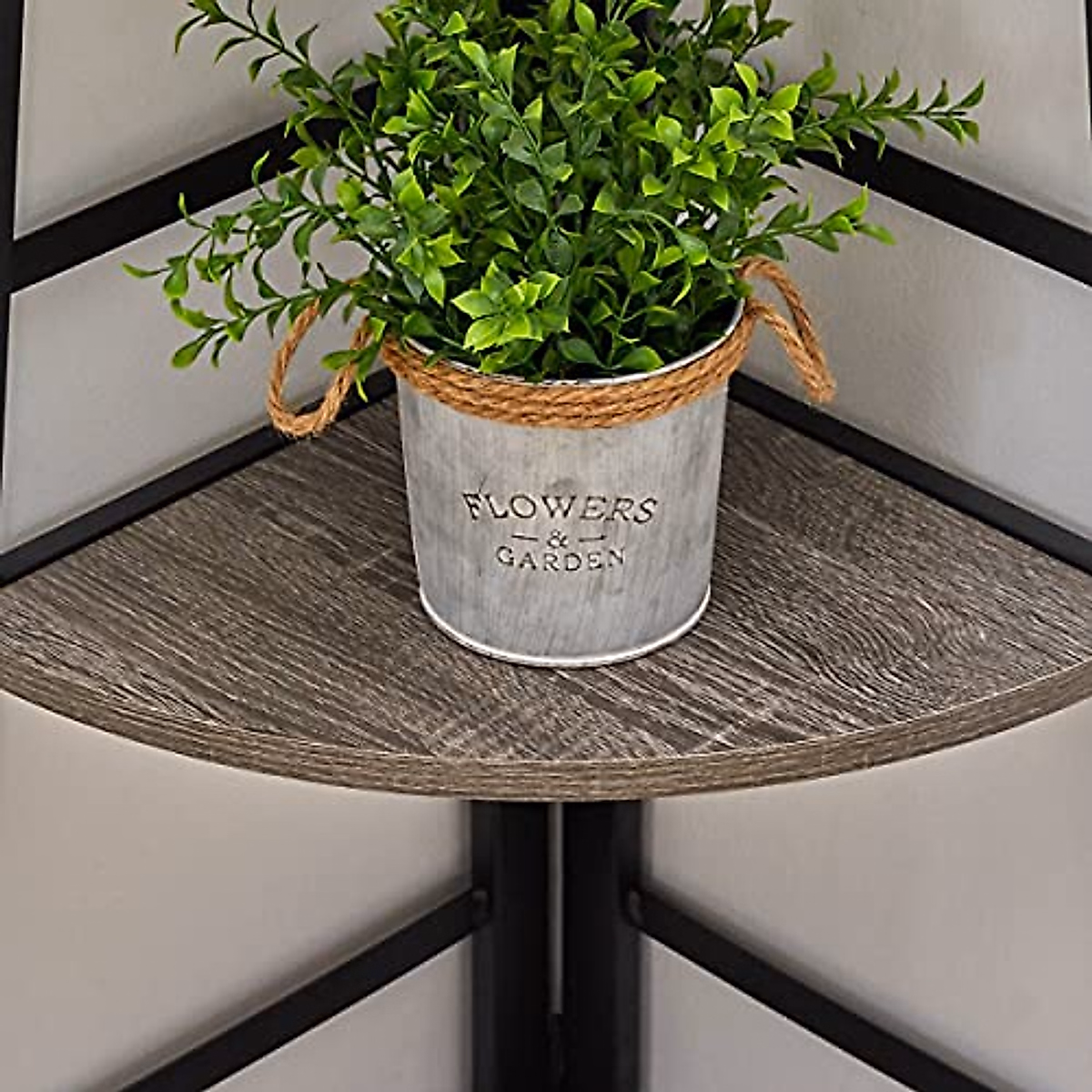 BON AUGURE Rustic Tall Corner Bookshelf, 5 Tier Wood and Black Metal Corner Ladder Shelf, Industrial Corner Bookcase and Gray Corner Shelf for Living Room, Bathroom, Kitchen (Dark Gray Oak)