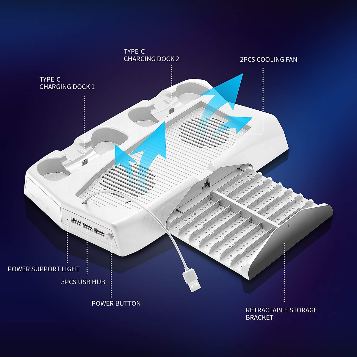 OLYGIVE PS5 Controller Charging Station, PS5 Cooling Fan,Vertical Stand for PlayStation 5 Digital Edition & Ultra HD Game Console with Dual Charger Indicator USB Ports for PS5 - White