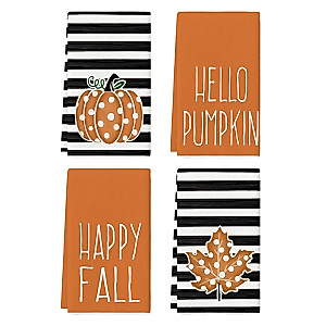 Artoid Mode Stripes Polka Dot Hello Pumpkin Fall Kitchen Towels Dish Towels, 18x26 Inch Farmhouse Maple Leaves Decoration Hand Towels Set of 4