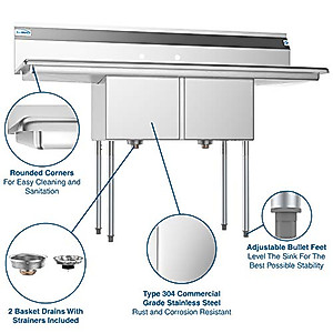 KoolMore 2 Compartment Stainless Steel NSF Commercial Kitchen Prep & Utility Sink with 2 Drainboards - Bowl Size 15" x 15" x 12", Silver,SB151512-15B3