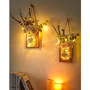 Party Joy Mason Jar Sconces Set of 2 Spring Decor Wall Decor Rustic Wall Sconces with Remote Control LED Fairy Lights and Artificial Flowers Bathroom Decor Home Decor with Lights