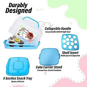 CASYMAR Portable Cake Carrier with 12 Cupcake Holder with Lid- Plastic Cake Containers with Lids Includes Knife & Accessories-Two Sided Base for Snacks Cookies Nuts Fruit etc-Suitable for 12-inch Cake
