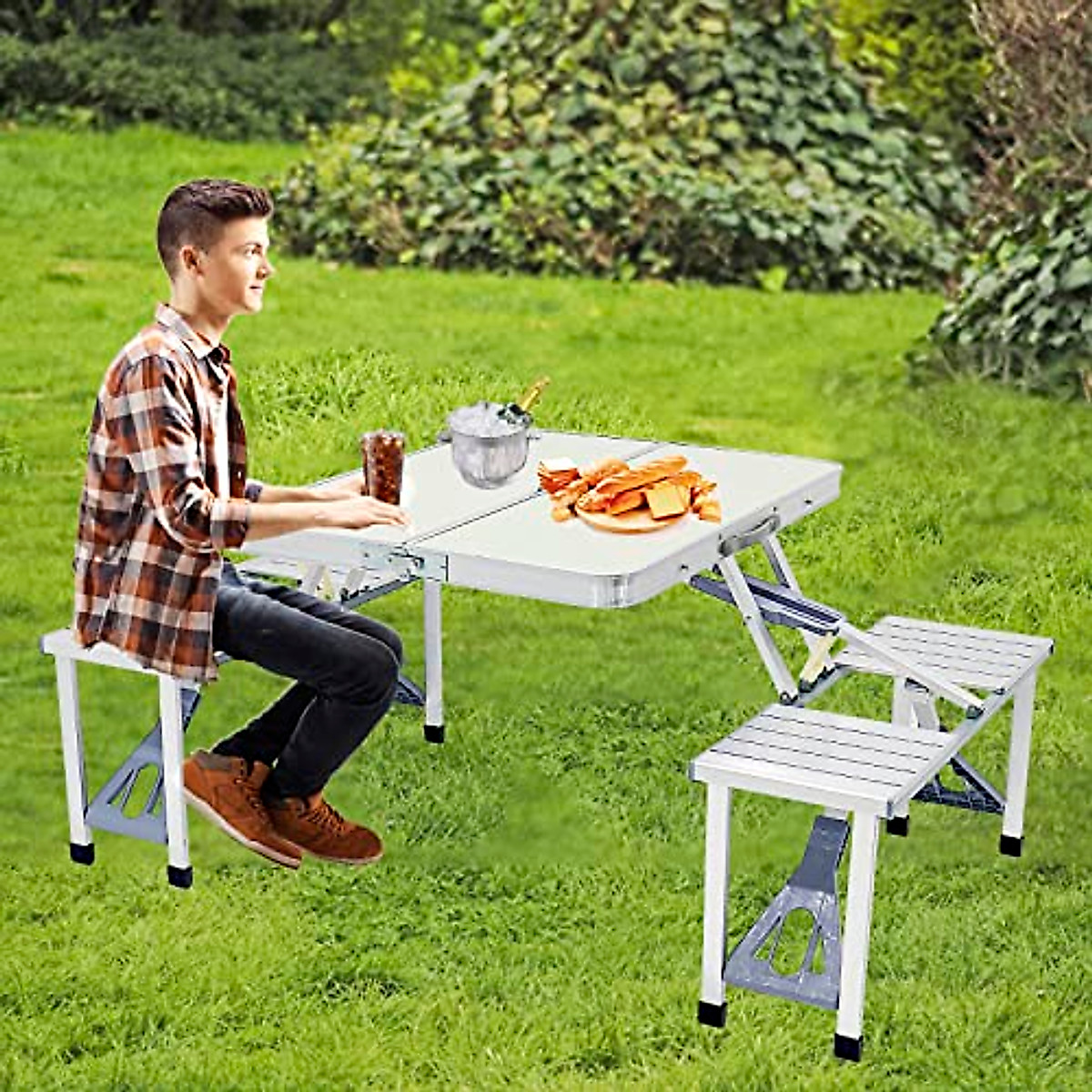 Carivia Aluminum Foldable Table Camping Picnic Folding Grilling Table w/ 4 Chairs Seats Umbrella Hole Fold Up Suitcase Table for Travel Picnic Camping BBQ Party