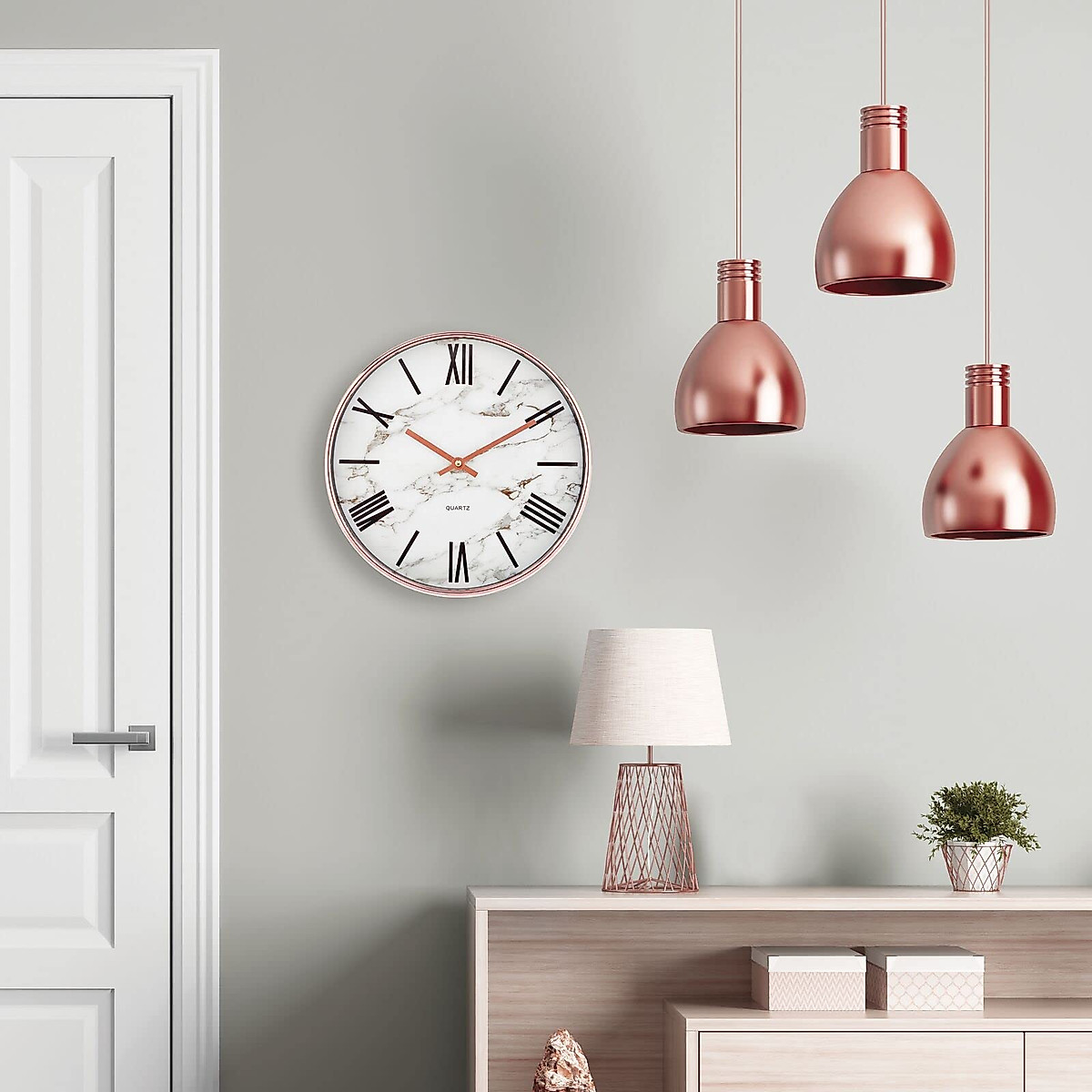 mDesign Modern Stylish Wall Clock for the Office, Bedroom, Kitchen, Bathroom, 11.5 Inch Diameter - Rose Gold Frame and Hands, Large Black Numbers on a Marble Background with a Clear Glass Cover