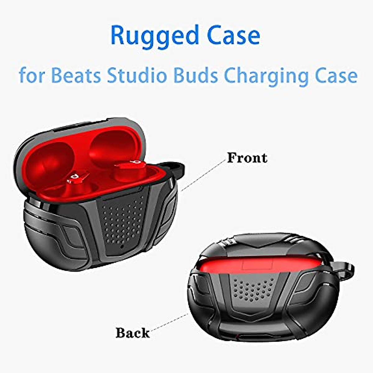 Case for Beats Studio Buds Case Cover with Keychain, Rugged Protective Case for New Studio Buds 2021 Charging Case Accessories, Military Case Holder with Clip for Men Women, Front LED Visible (Black)