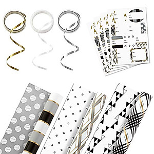 Hallmark Reversible Wrapping Paper Bundle with Ribbon & Gift Tag Stickers - Black, Gold Stripes, Plaid (3 Pack, 120 sq. ft. ttl, 30 Yds. Mini Ribbon, 36 Labels) for Graduations, Weddings, Christmas