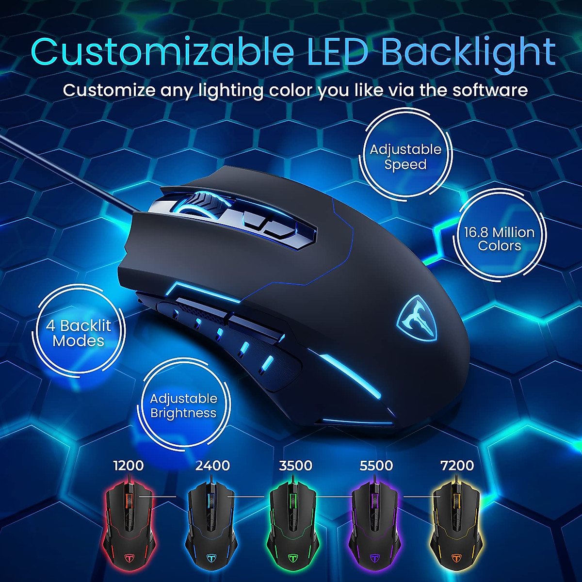 ZHXH Gaming Mouse Wired, Ergonomic Programmable Gaming Mice with 16 Million Colors Backlight, 7 Buttons, 5 DPI Settings Up to 7200 DPI USB Computer Mouse for Computer Laptop PC Mac Windows-Black