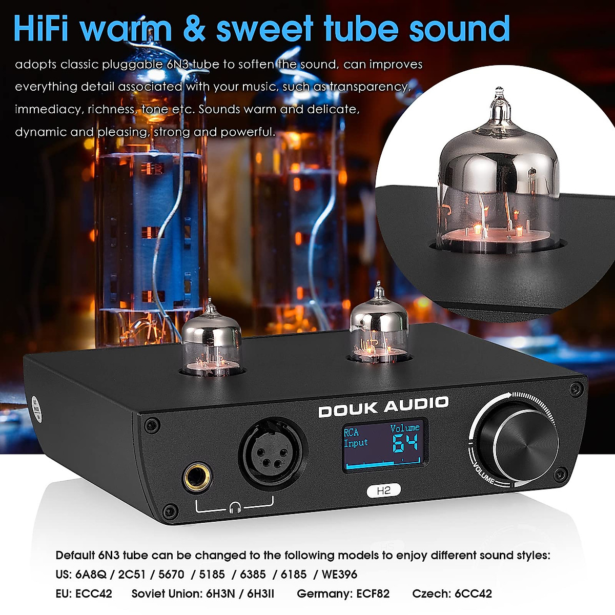 Douk Audio H2 Vacuum Tube Balanced Headphone Amplifier Amp with XLR, RCA, 6.35mm Ports and LED Display for Desktop Home Audio