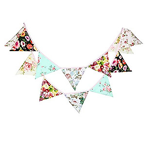 INFEI 3.2M/10.5Ft Multicolored Vintage Floral Triangle Flags Fabric Banner Bunting Garlands for Wedding, Birthday Party, Outdoor & Home Decoration (Floral)