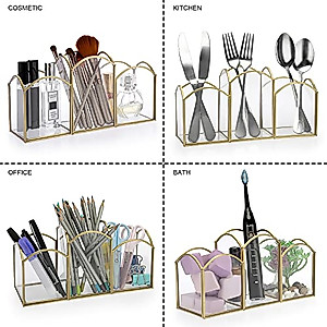 ELLDOO 3 Slots Glass Makeup Brush Holder Organizer for Vanity Dresser, Semicircle Rim Design, Pen Cup Holder Pencil Holder for Office Desk