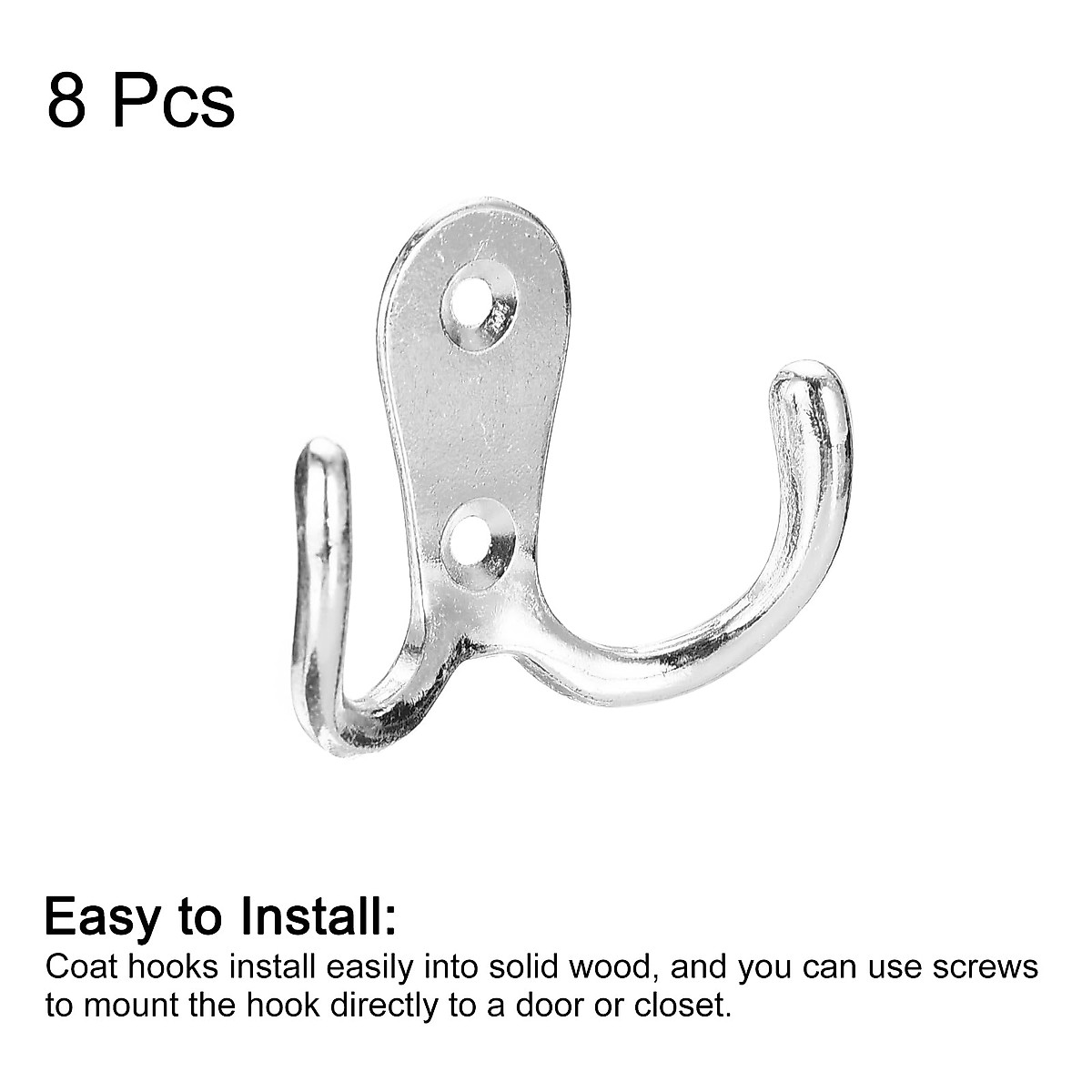 uxcell Wall Hooks, 8Pcs - Zinc Alloy Double Prong Retro Hook, Hooks for Hanging Towel Coat Backpack Clothes Scarf Keys Hat Cup (Chrome)