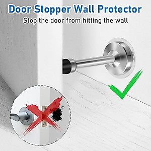 Door Stoppers, 3.5 Inch Door Stops for Bottom of Door, Wall Mounted Self Adhesive Door Stop with Black Rubber Bumper Stainless Steel Modern Doorstop Brushed Nickel No Drill Door Stopper, Silver 2 Pack
