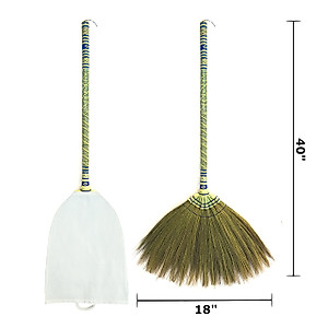 Handmade Asian Broom Natural Bamboo Wood Broomstick for Sweeping, RED or Blue Thai Grass Woven Design Corn Broom & Cover Set
