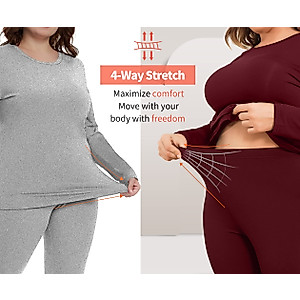 COOTRY Plus Size Thermal Underwear for Women Long Johns Fleece Lined Base Layer Sets Set - Light Gray 4XL
