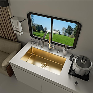 MILOSEN Gold RV Kitchen Sink, RV Camper Kitchen Sink, Small Single Bowl RV Sinks for a Camper Kitchen, 25×15 inch Undermount RV Sink with Gold Basket Strainer