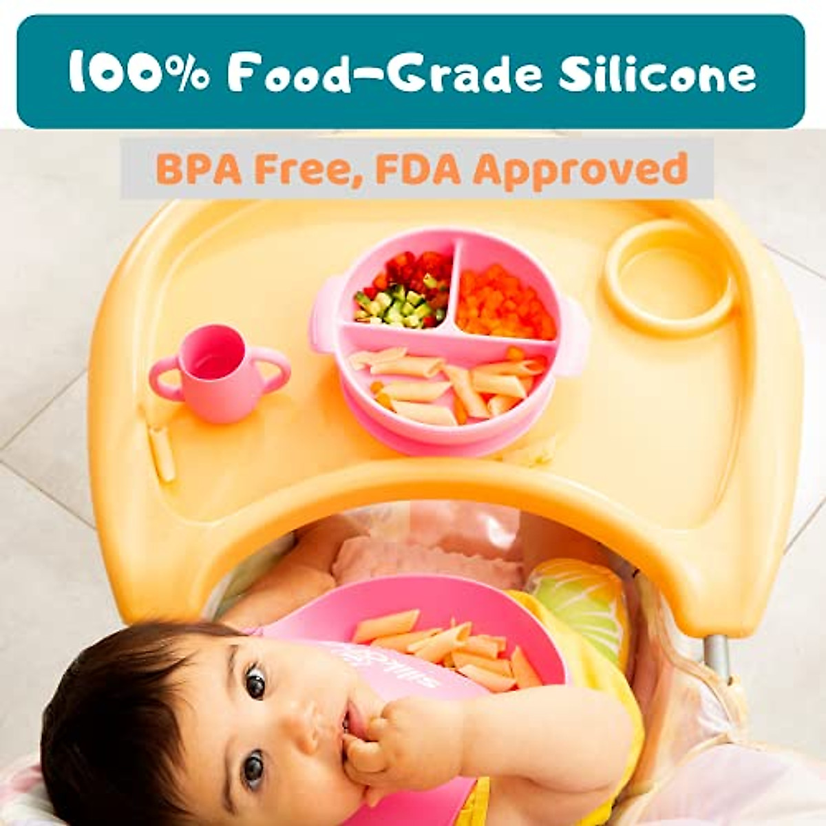 Silikong Divided Suction Bowl for Toddlers | BPA Free | Microwave, Dishwasher and Oven Safe | Fits Most Highchair Trays | Stay Put Baby Feeding Plates and Dishes for Kids and Infants (Pink)