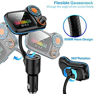 TSNAM Wireless Car Bluetooth Adapter,Radio FM Transmitters HandsFree Call Receiver and MP3 Music/APP Audio Play,QC3.0 and Smart 2.4A Dual USB Charger,1.8" Color Display,Aux Port,TF Card