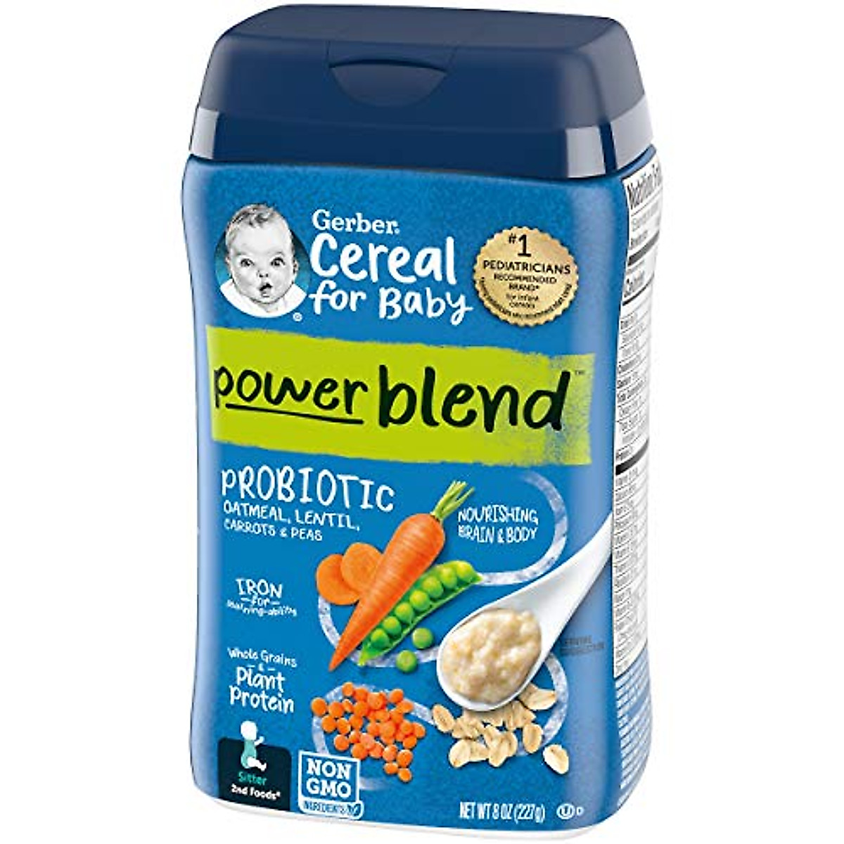 Gerber 2nd Foods Power Blend Cereal For Baby, Probiotic, Oatmeal, Lentil, Carrots & Peas, With Whole Grains & Plant Protein, 8 OZ Canister (Pack of 3)