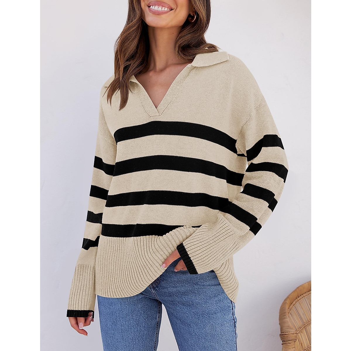 ZESICA Women's Winter Sweaters Lapel V Neck Long Sleeve Striped Chunky Knit Oversized Pullover Sweater Jumper Tops,Apricot,X-Large