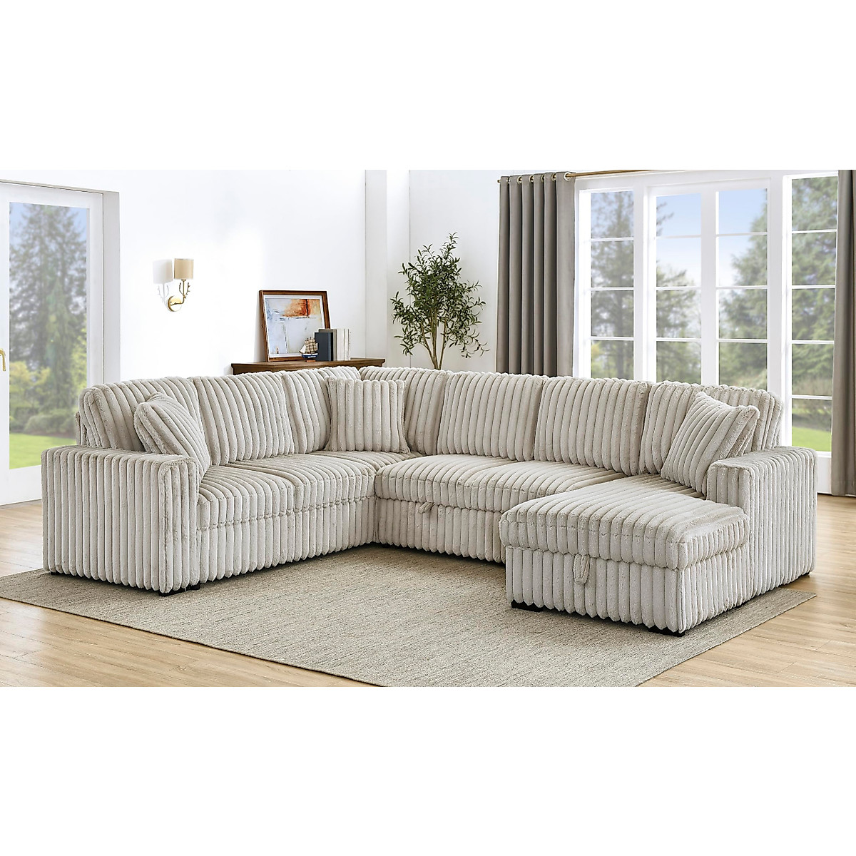 RENDGO 122“ Oversized Sectional Sleeper Sofa with PullOut Bed, U Shape Sectional Couch with Storage Chaise Lounge for Apartment Living Room, 6 Seat Corduroy Sofa with USB Port, Khaki