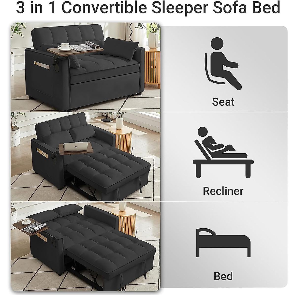 Rovibek 3 in 1 Convertible Sleeper Sofa Bed Pull Out Loveseat for Living Room Apartment Office with Side Table & Adjustable Backrest & Pillows, Black