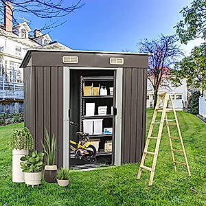 6.4 x 4ft Outdoor Metal Storage Shed，with Lockable Doors, Floor Frame, Sun Protection, Waterproof Tool Storage Shed for Patio, Lawn,Backyard (Gray-6.4 x 4ft)
