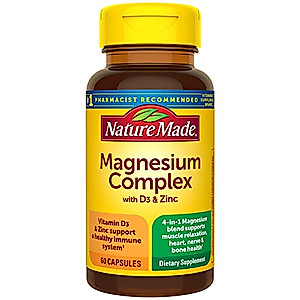 Nature Made Magnesium Complex with Vitamin D and Zinc Supplements, Magnesium Supplement for Muscle, Nerve, Heart & Bone Support with Vitamin D3 & Zinc for Immune Support, 60 Capsules, 30 Day Supply