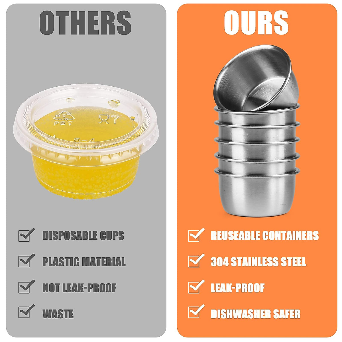 EFOBO 6 Piece 2.4oz Salad Dressing Container To Go, Reusable Small Containers with Lids, Fits in Bento Box for Lunch, Stainless Steel Leakproof Condiment Cup, Easy Open, Dipping Sauce Cups