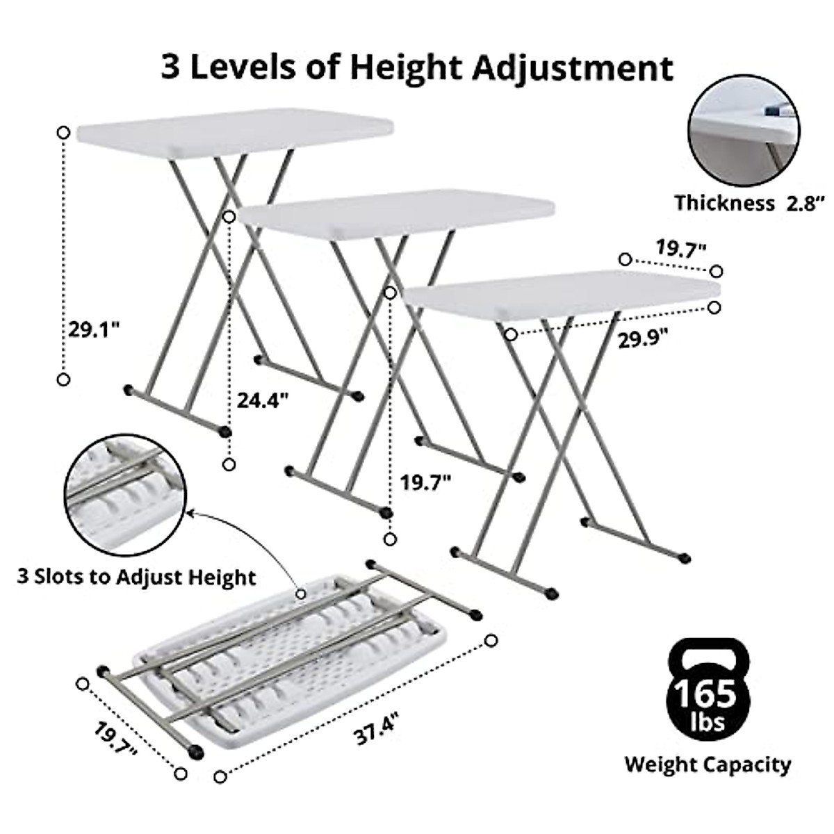 Naomi Home Personal Folding Table, Small Table, TV Dinner Table, Adjustable Table, Portable Desk, Outdoor Side Table, Portable Desk for Parties and Picnic – White
