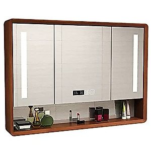 LED Lighted Bathroom Mirror Wall Mounted Medicine Cabinets Wooden Frame Smart Mirror Storage Cabinet with Lights Defogger Clock (Color : Brown, Size : 100x80x14cm)