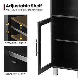 Tangkula Tall Bathroom Cabinet, Home Living Room Wood Storage Cabinet Free Standing w/ 4 Shelves and 2 Glass-Paneled Doors Suitable Tall Bathroom Cabinet