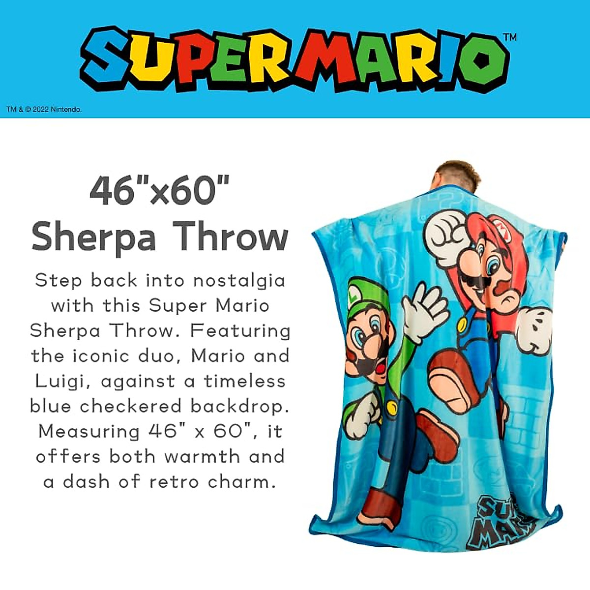 Franco Super Mario Kids Bedding Soft Plush Sherpa Blanket Throw, 46 in x 60 in, (Officially Licensed Product)