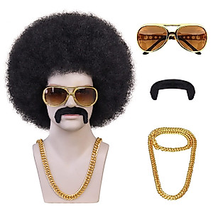 Ebingoo 5Pcs Afro Wig Mens Disco Wig Black 70s Wig for Men 80s Wig Short Curly Wig Rocker Wig Punk Wig for Mens Boys Party Halloween (+1 Wig Cap＋1 Necklace+ 1 Beard + 1 Glasses)