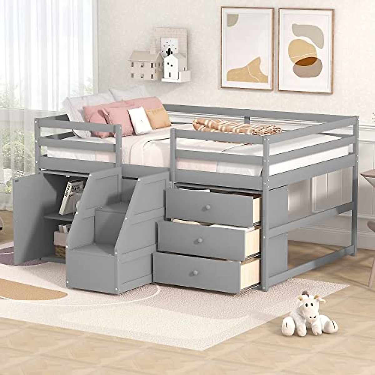 Solid Wood Full-Size Low Loft Bed Frame with Cabinets, Staircase with Hanging Clothes and Drawers for Kids, Pure Gray