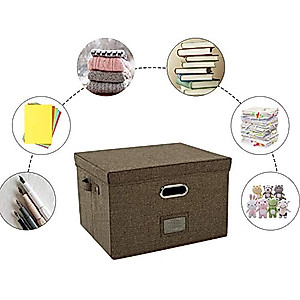 JSungo File Box with 5 Hanging Filing Folders, Document Organizer Storage for Office, Collapsible Linen Storage Box with Lids, Home Portable Storage with Handle, Letter Size Legal Folder, Brown
