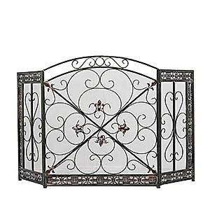 Deco 79 Metal Scroll Fireplace Screen Foldable Arched 3 Panel with Fleur De Lis Accents, 52" x 1" x 31", Black
