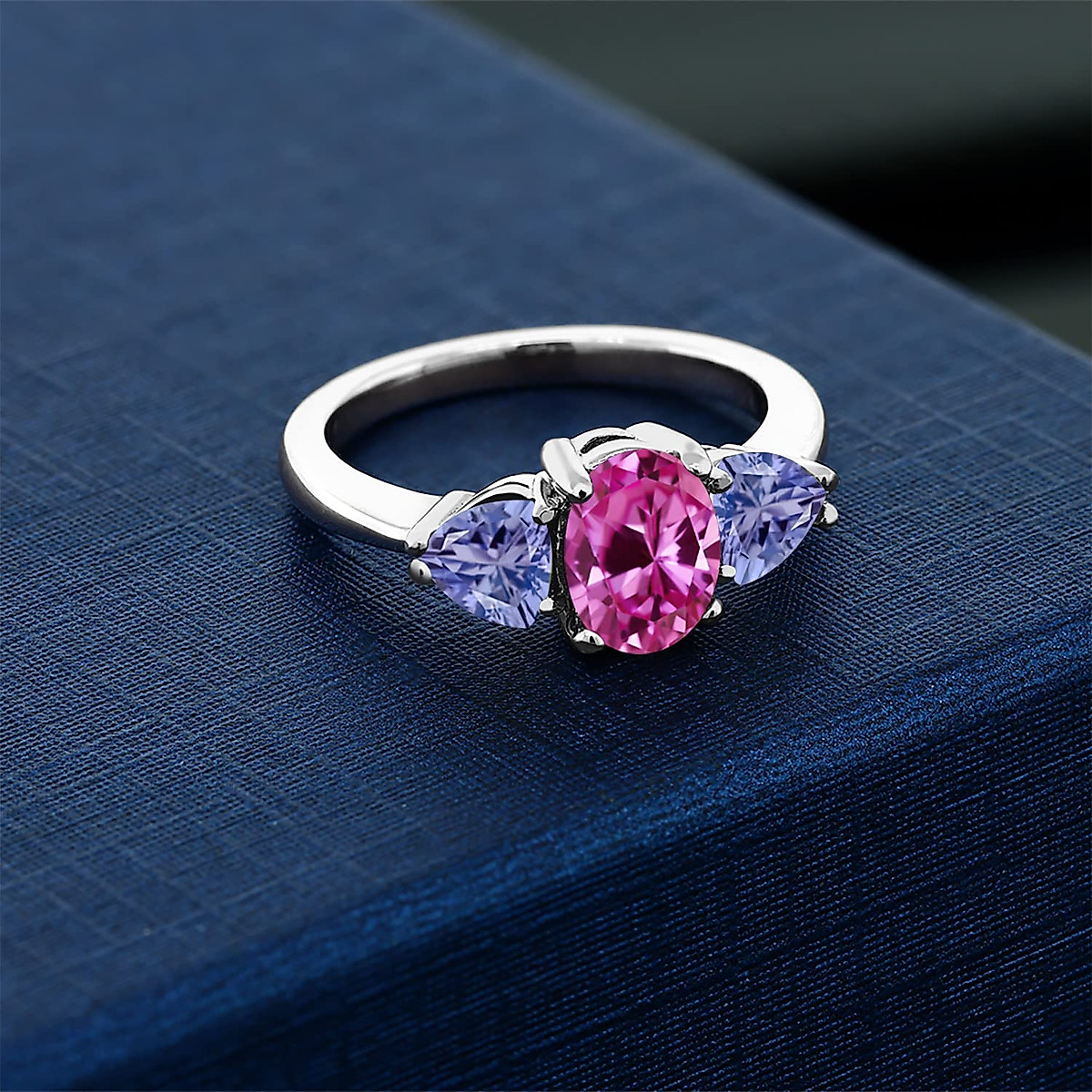 Gem Stone King 925 Sterling Silver Oval Pink Created Sapphire and Blue Tanzanite Ring For Women (2.45 Cttw, Available In Size 5, 6, 7, 8, 9)