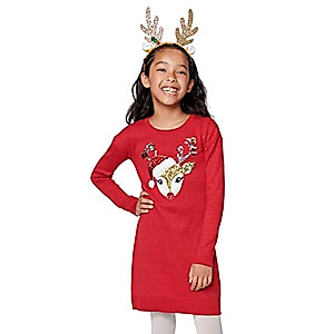 The Children's Place Girls' Long Sleeve Fashion Dress, Red Chistmas Reindeer, Large (10/12)