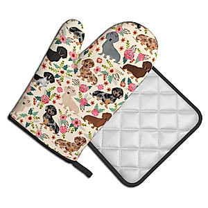 RENGMIAN Floral Dachshund Oven Mitts and Pot Holders Heat Resistant Oven Gloves Safe Cooking Baking Grilling