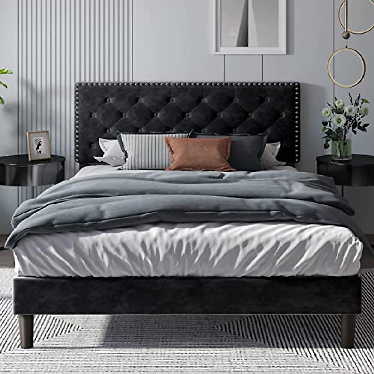 HOMBCK Upholstered Bed Frame Queen with Button Tufted Headboard, Queen Bed Frame No Box Spring Needed, Under Bed Storage, Wooden Slats Support, Noise-Free, Easy Assembly, Black