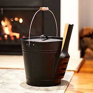 Noxvoya Metal Ash Bucket with Lid and Shovel, Brush, Black - Heavy-Duty, Modern Coal Bucket with Fireplace Scoop for Indoor Fireplaces, Outdoor Fire Pits, Grill - Premium, Compact Fireplace Tools