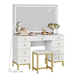 DWVO Vanity Desk Set with Large LED Lighted and Mirror & Power Outlet, Glass Top Vanity with Adjustable 3 Color Lighting Modes and 9 Drawer Magnifying Glass, 47" Makeup Vanity Desk with Bench, White