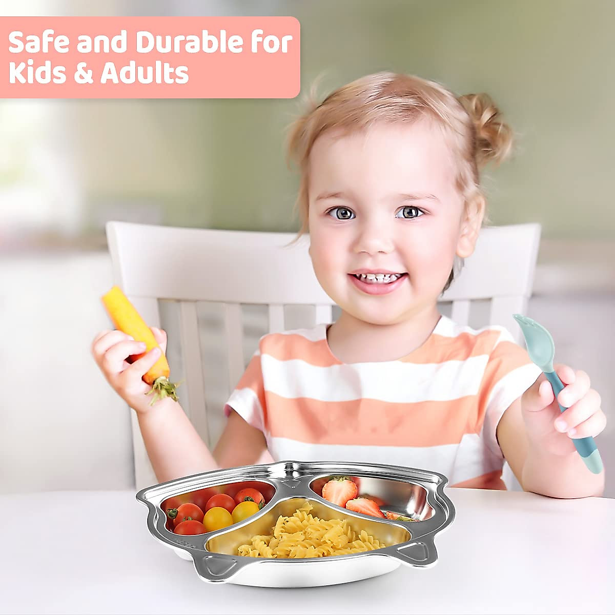 HOLIPOT 304 Stainless Steel Divided Plates, Food-Grade Toddlers Babies Kids Tray, 1300 Ml Toddler Plates with Suction, Self Feeding Training Kids Plates,Fits for Most High chairs Trays (Fox)